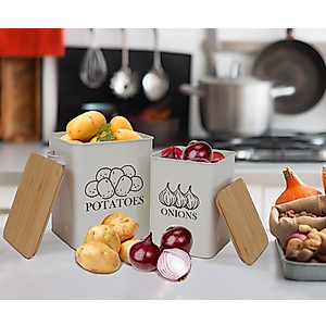 Kitchen Vegetable Storage Tins Set of 2 for Potatoes, Onion, with wooden lid Garlic Bin Caddy, Long Shelf Life-white