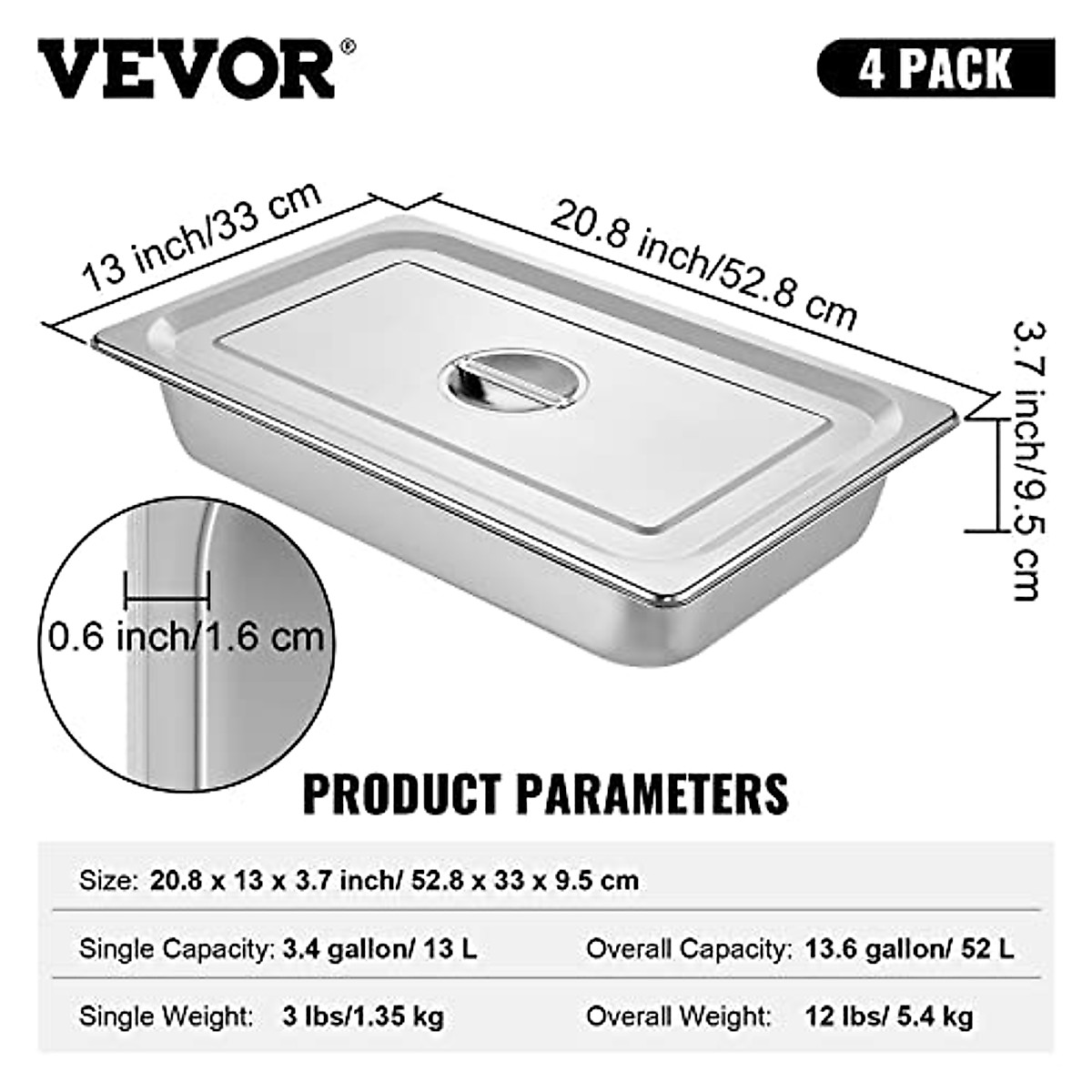 Mophorn 4 Pack Hotel Pan 3.7" Deep Steam Table Pan Full Size with Lid 20.8" L x 13" W Hotel Pan 22 Gauge Stainless Steel Anti Jam Steam Table Pan