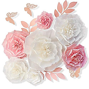 13 Pieces 3D Paper Flowers Pink White with Trees 10" 8" 6" 4" Craft DIY Large Wall Decorations Pom Pom Giant Backdrop Photo Booth Baby Shower Decor Centerpiece Wedding Birthday Party Craft Art