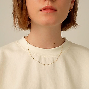 14k Real Gold Beads Station Necklace for Women | 14k Gold Ball Beads Station Necklaces | Beaded Pendant Necklace | Dainty Layering Jewelry | Gifts for Christmas, 18"