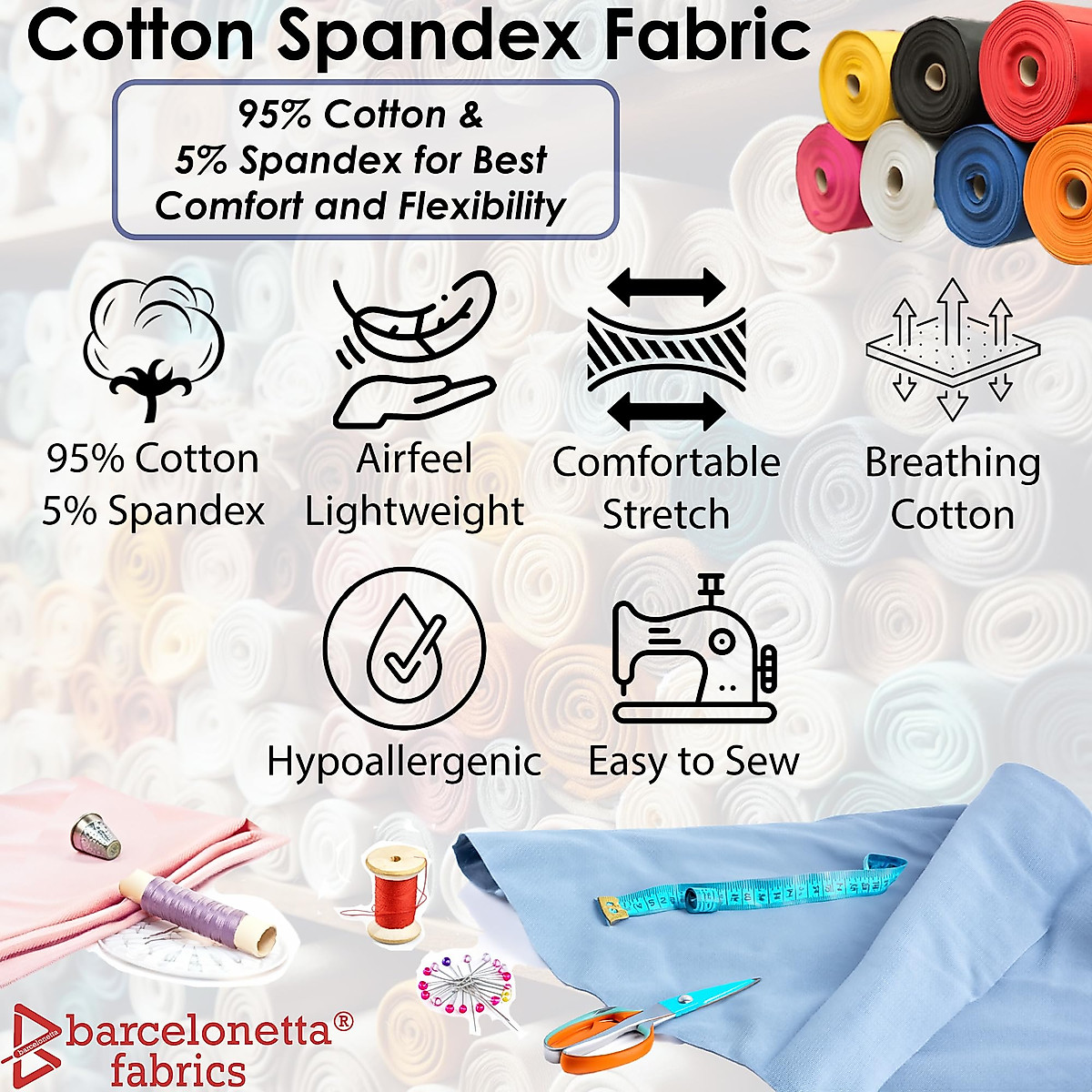 Barcelonetta | Cotton Spandex Fabric | by The Yard | Stretchy, Breathable, Lightweight Cotton Fabric | 60" Wide Roll | Sewing | 95% Cotton, 5% Spandex (White, 1 Yard)