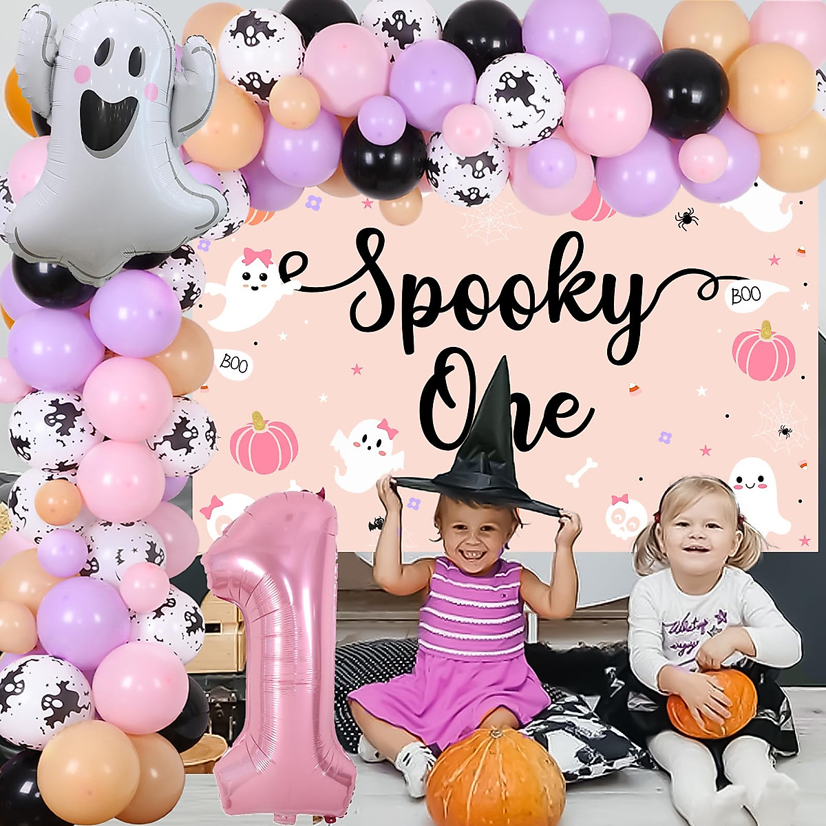 Fangleland Halloween Spooky One 1st Birthday Decorations for Girls - Pink and Purple Balloons Garland Arch Kit Ghost Balloons Backdrop, First Bday Party Supplies for One Year Old Girl
