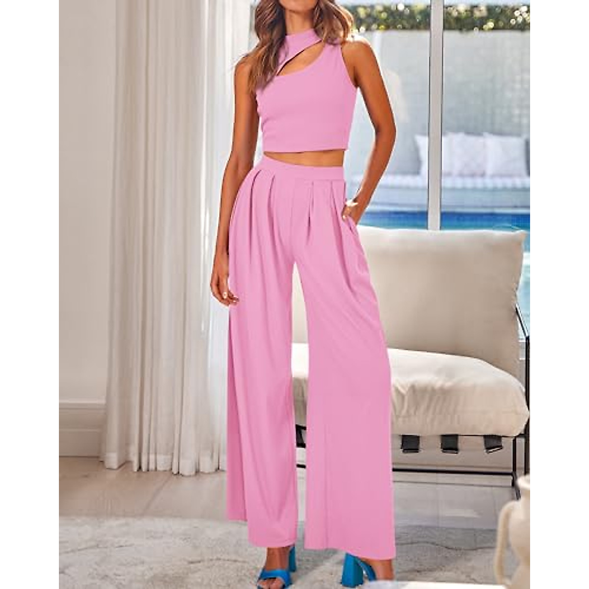 BTFBM Women 2 Piece Outfits 2024 Spring Summer Tracksuits Mock Neck Sleeveless Cutout Crop Top Wide Leg Pants Sweatsuits(Solid Pink, Large)