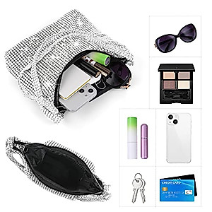 OSDUE Rhinestones Evening Bag, Full Rhinestone Bucket Bag, Glitter Evening Bag, Crystal Zipper Shoulder Bag for Wedding, Party, Club, Prom, Casual Date (Silver)