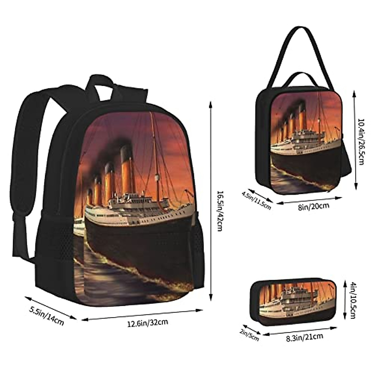 3 Piece Backpack Set Titanic Sunset School Bag,Travel Camping Daypack Students Bookbag Pencil Case Lunch Bag Combination