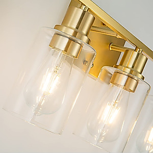 EMONG Gold Bathroom Light Fixtures, 3-Lights Vanity Light with Clear Glass Shade, Brushed Brass Wall Sconce for Hallway, Farmhouse, Living Room