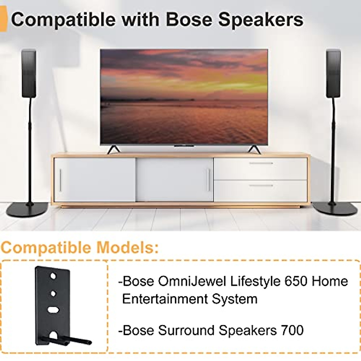 Maozhren Adjustable Stand for Bose Speaker Stands, for Bose OmniJewel Lifestyle 650, Surround Speaker 700, Floor Speaker Stand for Bose OmniJewel Floor Stand, with OmniJewel Bracket, Black (Pack of 2)