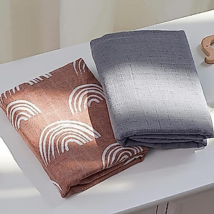 BabyWhale Muslin Swaddle Blanket, Boho Brown Rainbow Pattern Swaddle and Solid Color Swaddle for Newborn Baby Boys ＆ Girls, Unisex Silky Soft Breathable Receiving Swaddle Wrap, 47x47 inches, 2 Pack