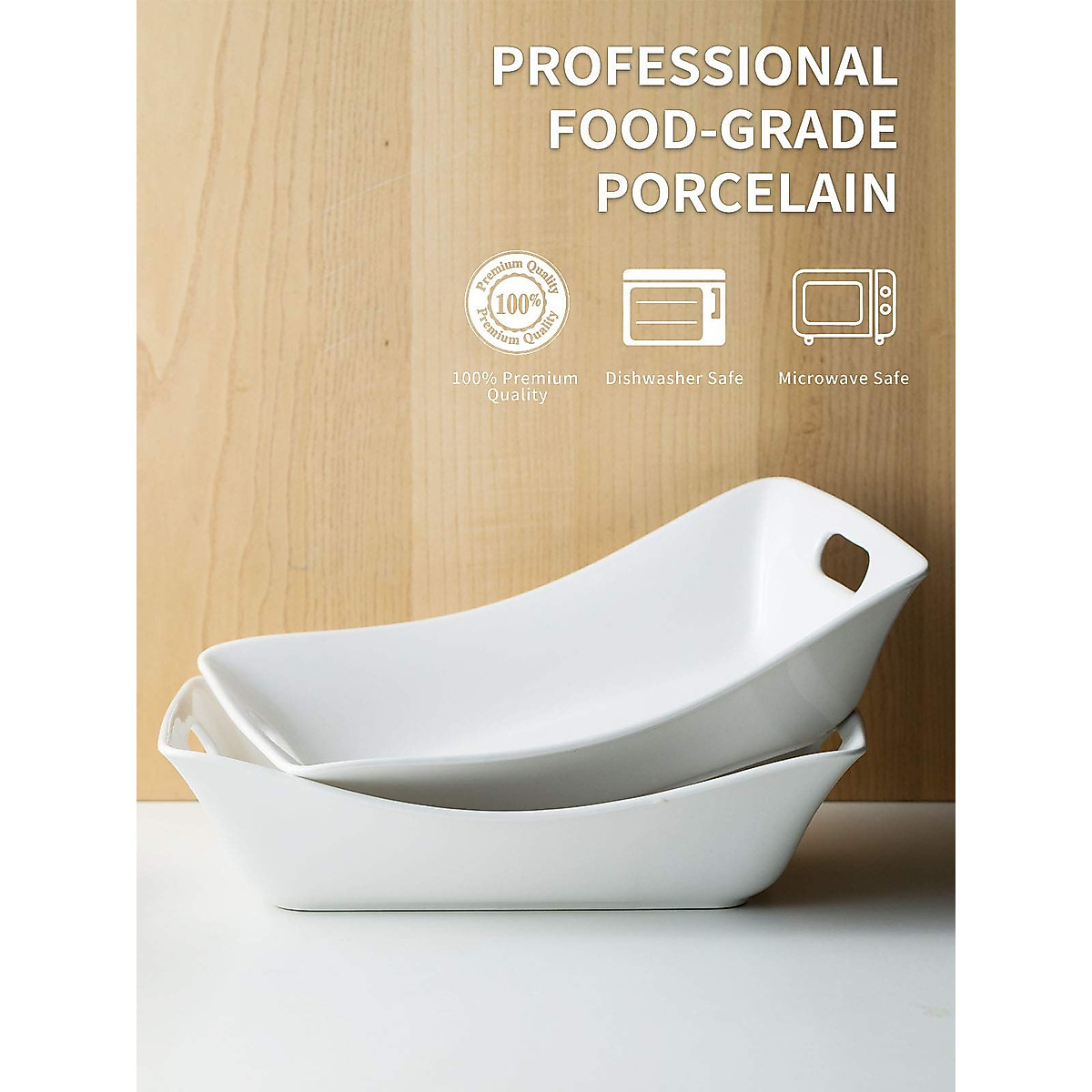 YHOSSEUN Large Serving Bowls with Handles Rectangle Serving Dishes For Entertaining, 1.5 Quarts White Serving Platter Porcelain Bowl Set, 2 Pack
