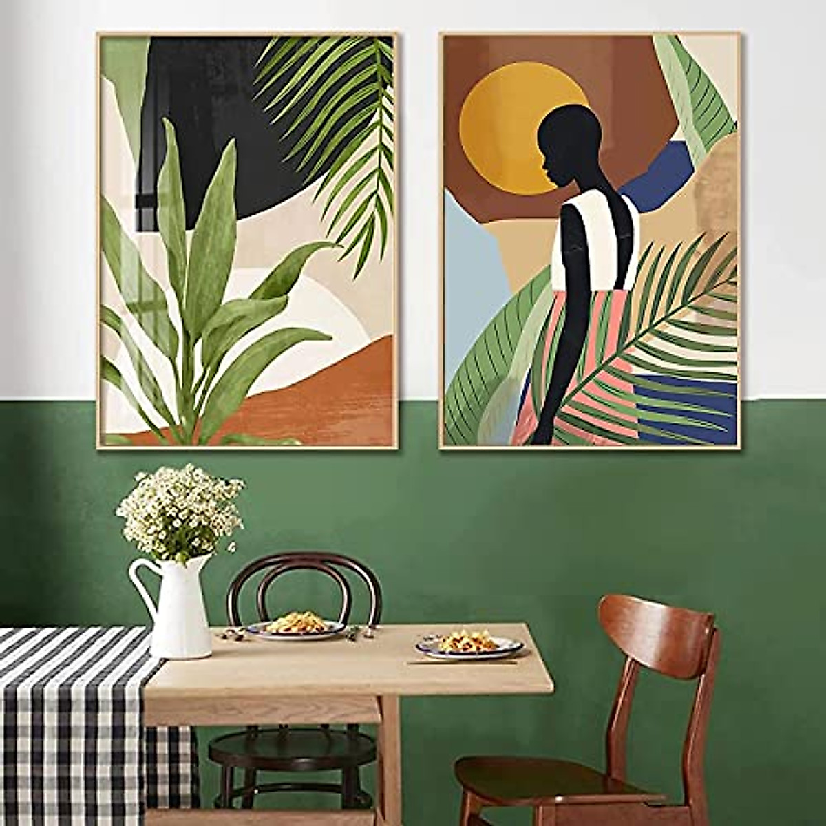 Abstract African American Wall Art Canvas Painting Black Woman and Green Plant Wall Art Pictures Set of 3 Nordic Wall Art Posters and Prints Pictures Wall for Living Room Decoration Unframed
