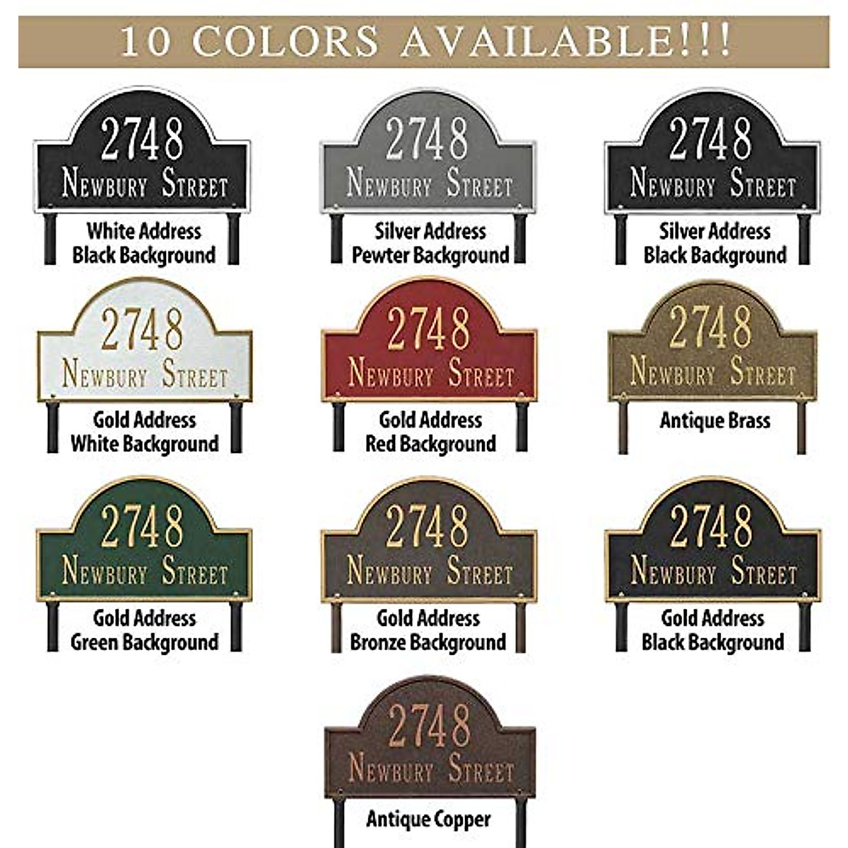 Whitehall™ Personalized Cast Metal Address plaque - LAWN MOUNTED Arch Plaque. Made in the USA. BEWARE OF IMPORT IMITATIONS. Display your address and street name. Custom house number sign.