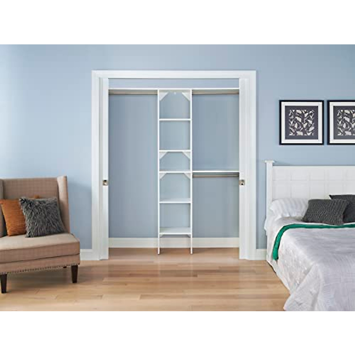 ClosetMaid SuiteSymphony Wood Closet Organizer Kit with Tower, 3 Hang Rods, Top Shelves, Adjustable, Fits Spaces 5 - 9 ft. Wide, Pure White