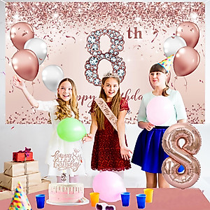 Trgowaul 8th Birthday Decorations Party Set for girls, Rose Gold 8 Birthday Banner and Tablecloth, 8 & Fabulous Sash and Tiara, 1PC Happy 8th Birthday Cake Topper, Pink Gold 8 Number Balloons