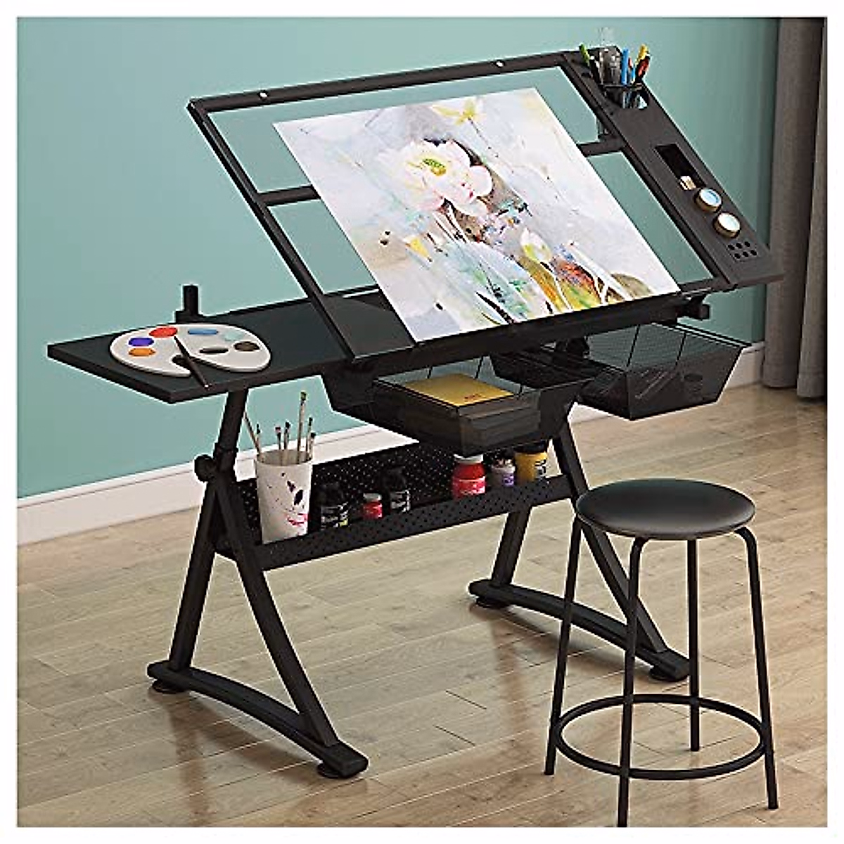 Adjustable Glass Drafting Table,Versatile Art Study Table,with Storage Drawers,Art Studio Design Sketching Painting Work Station