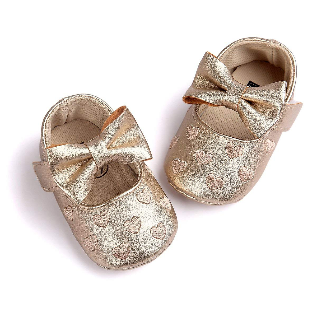 RVROVIC Baby Girls Shoes Soft Sole Mary Jane Flats Princess Dresses Shoes PU Cute Bow Crib Shoes Prewalker (6-12 Months Infant, Heart-Gold)