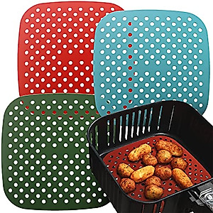 Reusable Silicone Air Fryer Liners by Linda’s Essentials (3 Pack) - Non Stick Easy Clean Air Fryer Liners Reusable Mats Air Fryer Accessories Includes Cheat Sheet And Recipe Book (Square (8.5 Inches))