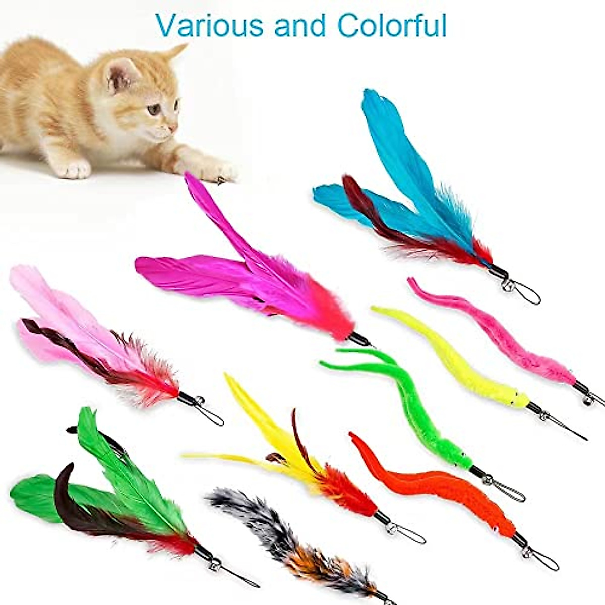 JIARON Cat Toys Feather Toy, 2PCS Retractable Cat Wand Toys and 10PCS Replacement Teaser with Bell Refills, Interactive Catcher Teaser and Funny Exercise for Kitten or Cats.
