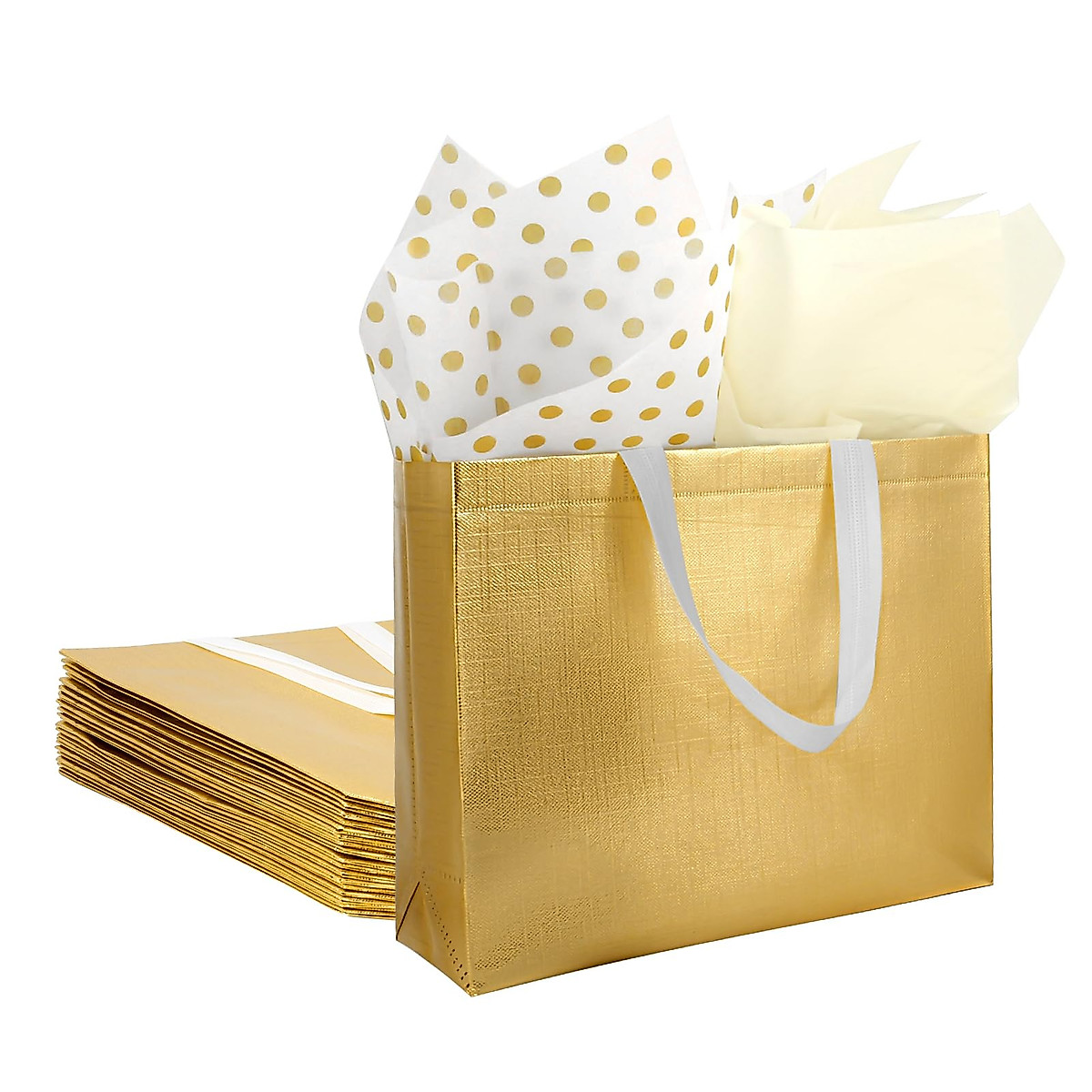 18pcs Gold Gift Bags with Tissue Paper, Shiny Gift Bags Large Size with Handles, Glossy Reusable Gift Bags for presents, Glitter Party Bag for Wedding Birthday Shower Christmas 12.7 x 4.7x11 inches