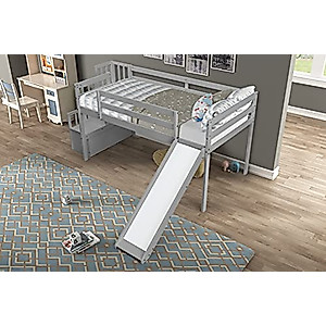 MOEO Twin Size Loft Bed with Slide and Stairs, Wood Bedframe Bedroom Guest Room Furniture,Safety Rail & Storage Shelves for Kids Teens Girls Boys, No Box Spring Needed, Gray