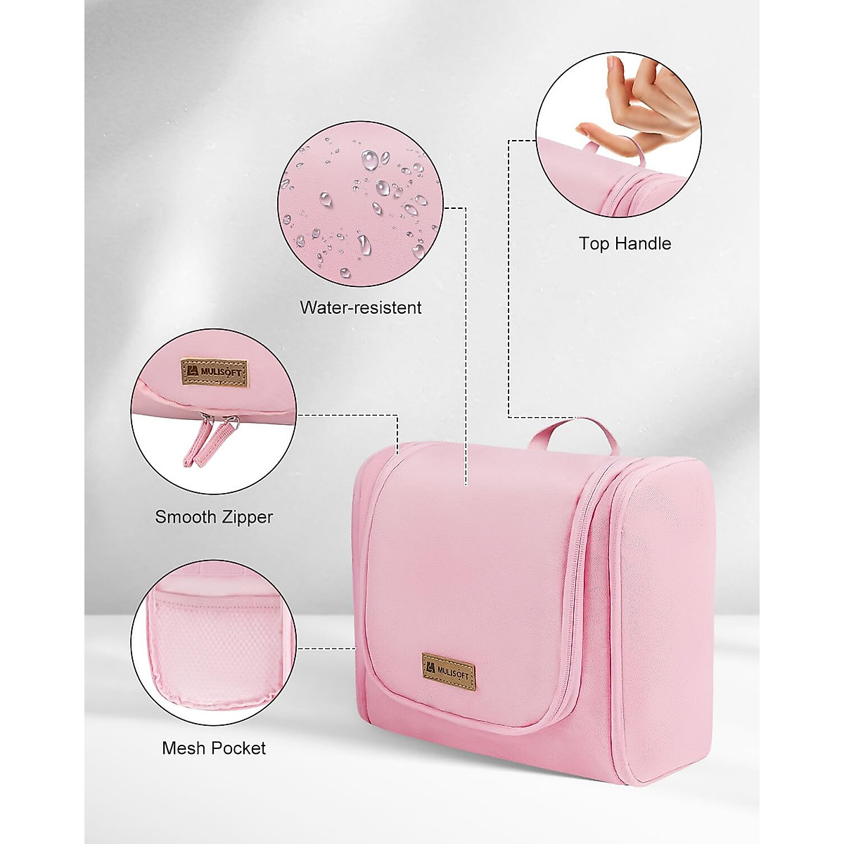 MULISOFT Toiletry Bag for Women, Hanging Travel Toiletry Bag with Large Capacity, Water-resistant Makeup Bag with 16 Compartments for Toiletries and Cosmetics, Toiletry Organizer Bag, Rose Pink