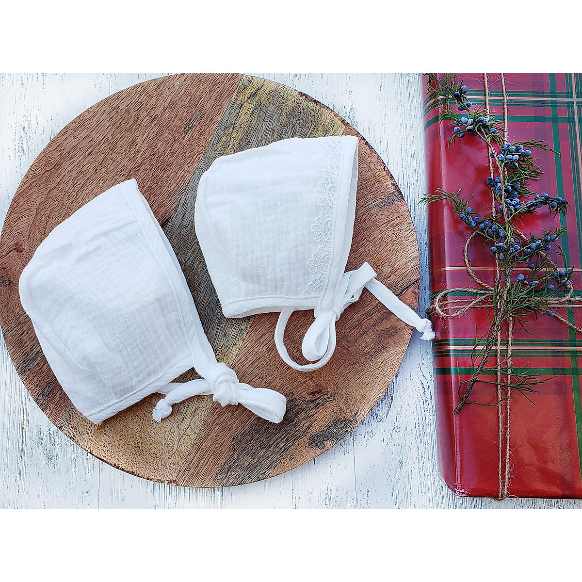 Baby Bonnet White Christmas Baby Girls Boys Bonnet Hat Soft Cotton Muslin Holiday Winter Spring Summer Fall (White NO Trim, premie/nb)