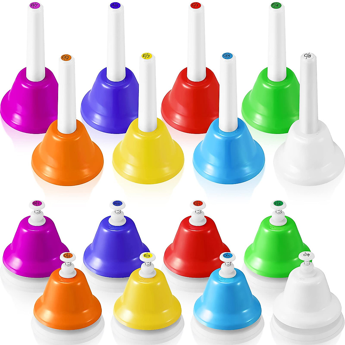 Zhanmai 16 Pieces Music Bells Include 8 Notes Hand Bells and 8 Desk Bells Colorful Diatonic Metal Bells for School Wedding Church Chorus Holiday Party Supplies, 2 Styles