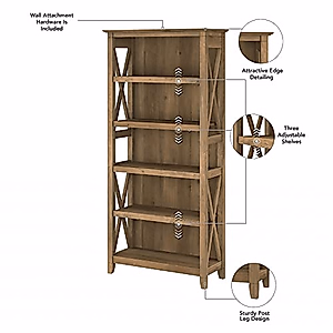 Bush Furniture Key West L Shaped Desk with 2 Drawer Mobile File Cabinet and 5 Shelf Bookcase, 60W, Reclaimed Pine