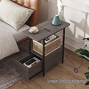 LIDYUK End Table with Charging Station, Narrow Side Table with Drawer and USB Ports & Power Outlets, Nightstand Bedside Tables for Small Spaces, Bedroom, Living Room, Dark Grey