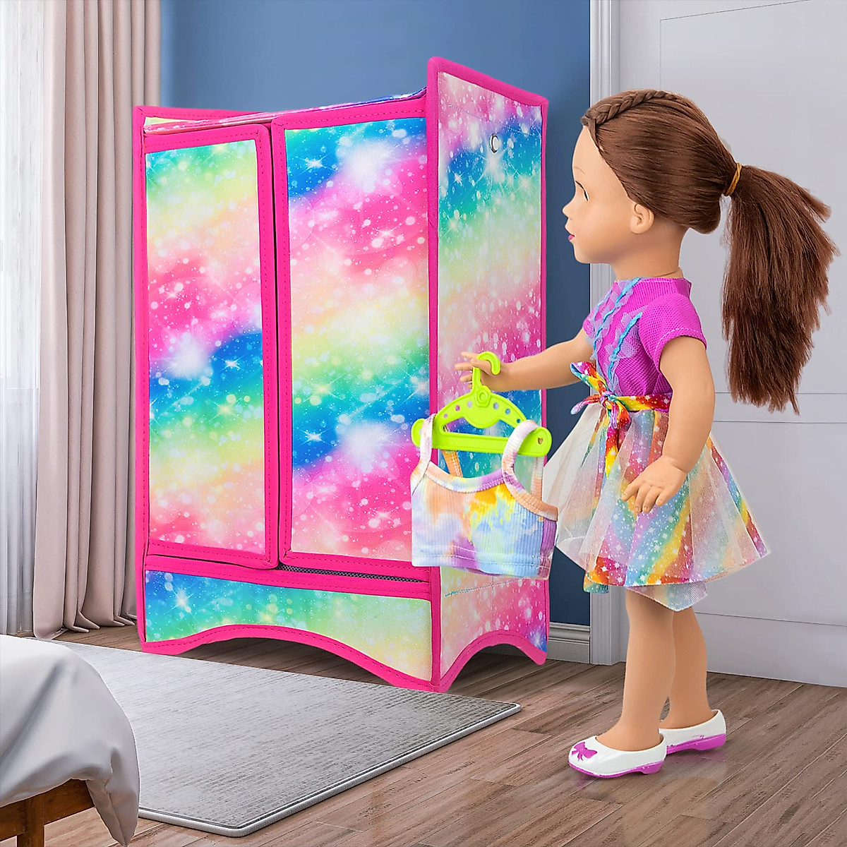 ZITA ELEMENT 18 Inch Girl Doll Accessories Closet Wardrobe Set - Including 18 Inch Doll Clothes Wardrobe, Hangers and Storage Box for Our My Generation Life Doll Accessories