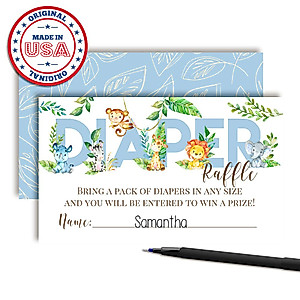 Watercolor Jungle Animals Diaper Raffle Tickets for Boy Baby Showers, 20 2" X 3” Double Sided Insert Cards for Games by AmandaCreation, Bring a Pack of Diapers to Win Favors & Prizes!