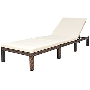 CUSON Sun Lounger with Cushion | Adjustable Chaise Lounge | Outdoor Patio Sunlounger | Garden Lounge Chair for Poolside, Beach | Brown Poly Rattan with Steel Frame 76.8" x 23.6" x 8.7"