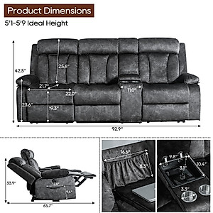 GUEAPY 3 Seater Recliner Sofa Reclining Loveseat with Console Power Reclining Sofa with Heat and Massage, Cup Holders, USB & Type-C Charge Ports for Living Room (Grey)