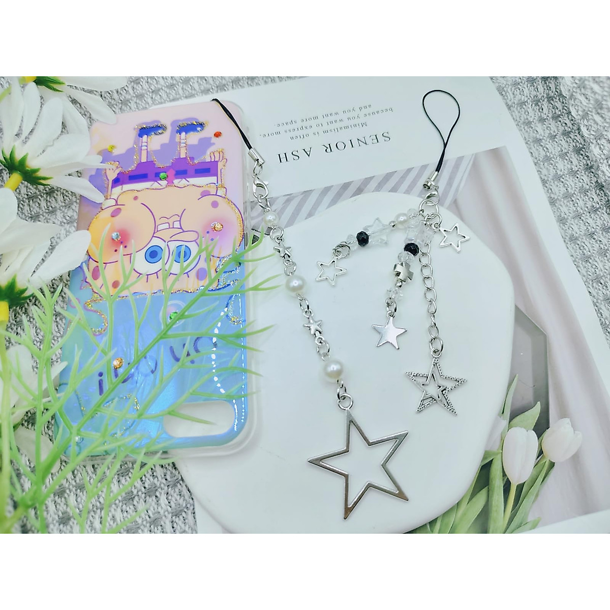 Meefisher Cute Y2K Phone Charm Aesthetic Accessories Bear Strawberry Butterfly Heart Lanyard String for Bag Purse Backpack Wallet Airpods Pendants Decor (2 PCS(Star, Star B))