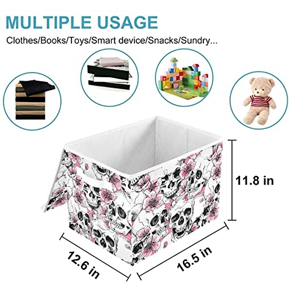 CaTaKu Skull Pink Cherry Storage Bins with Lids and Handles, Fabric Large Storage Container Cube Basket with Lid Decorative Storage Boxes for Organizing Clothes