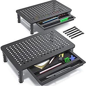 EVOOMI Back Saver Monitor Riser Stand with Drawer - 2 Pack - Gain 5 Weeks a Year, Less Pain & Peak Productivity with Anti Skid Mesh Metal Desktop Stand for PC Laptop Notebook Printer, Computer, iMac