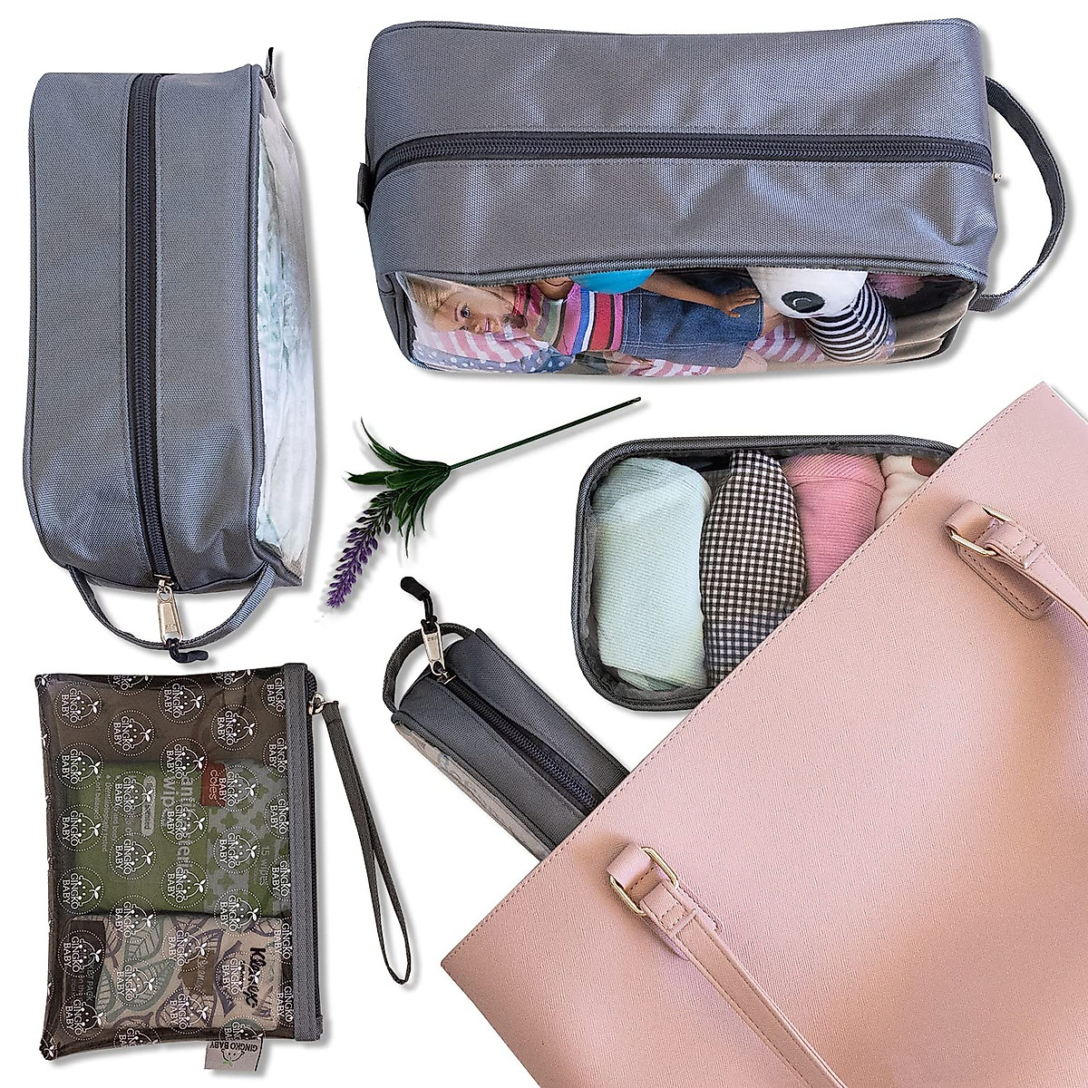 Gingko Baby Supa Tough Diaper Bag Organizing Pouches Set of 5 - Premium Quality Clear Organizer Inserts - Versatile Wipe Clean Baby Packing Cubes - Nursery and Travel Organization (Silver Grey)