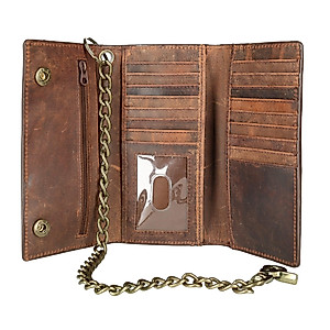 CTM® Men's Crazy Horse Leather RFID Long Trifold Chain Wallet, Brown