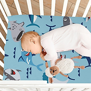 Fitted Crib Sheet for Boys Girls, Cute Shark Jersey Knit Baby Sheet for Standard Crib and Toddler Bed Mattresses, Cozy Soft Breathable, 28 x 52 in