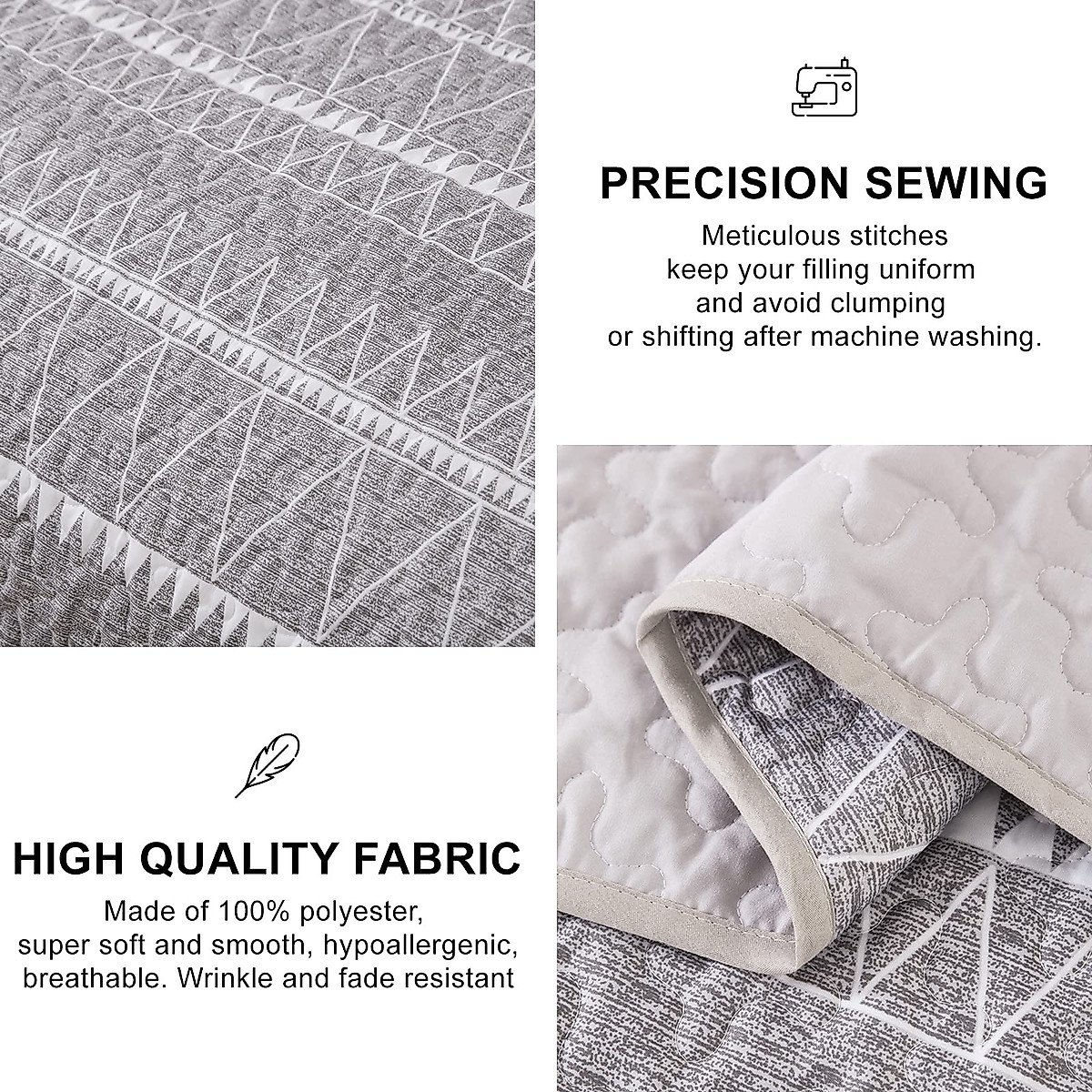 WONGS BEDDING Grey Quilt Set Queen, Boho Striped Triangle Printed Bedspread Coverlet Set, 3 Pieces (1 Quilt + 2 Pillowcases), Soft Microfiber Lightweight Bohemian Bedding Quilt for Summer 90"x96"