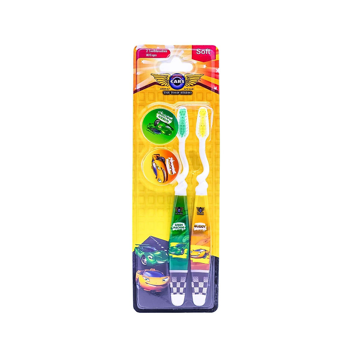 1-Pack The Toon Studio Car 2-Count Kids Toothbrush with Cap, Soft (Total 2 Toothbrushes)