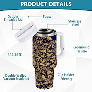 RPLIFE Intricate Swirls and Floral Navy Tumbler with Handle, Stainless Steel Mug, Cups with Lids and Straws