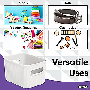 Superio Decorative Plastic Open Home Storage Bins Organizer Baskets, Small White (1 Pack) Container Boxes for Organizing Closet Shelves Drawer Shelf - Ribbed Collection 1.5 Liter