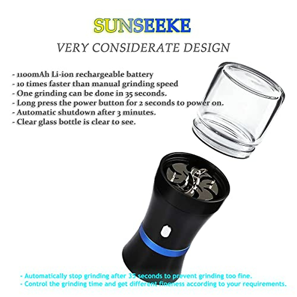 Sunseeke Electric Herb Grinder, Compact for Flower Buds, USB-Rechargeable, 2pcs Glass Herb Jars - Ideal for Everyday Carry