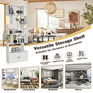 Giantex 6-Tier Geometric Bookcase with Cabinet, Freestanding Display Shelves with Anti-Tipping Device, Wood S-Shaped Bookshelf for Living Room, Bedroom, Study, White