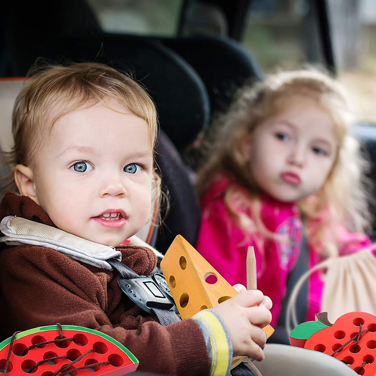 Lacing Toy for Toddlers, Fine Motor Skill Toys for 3 Year Old, Educational Learning Montessori Activity for Baby Kids, Car Plane Travel Games, Wooden Threading Toys 1 Apple,1 Watermelon, 1 Cheese.