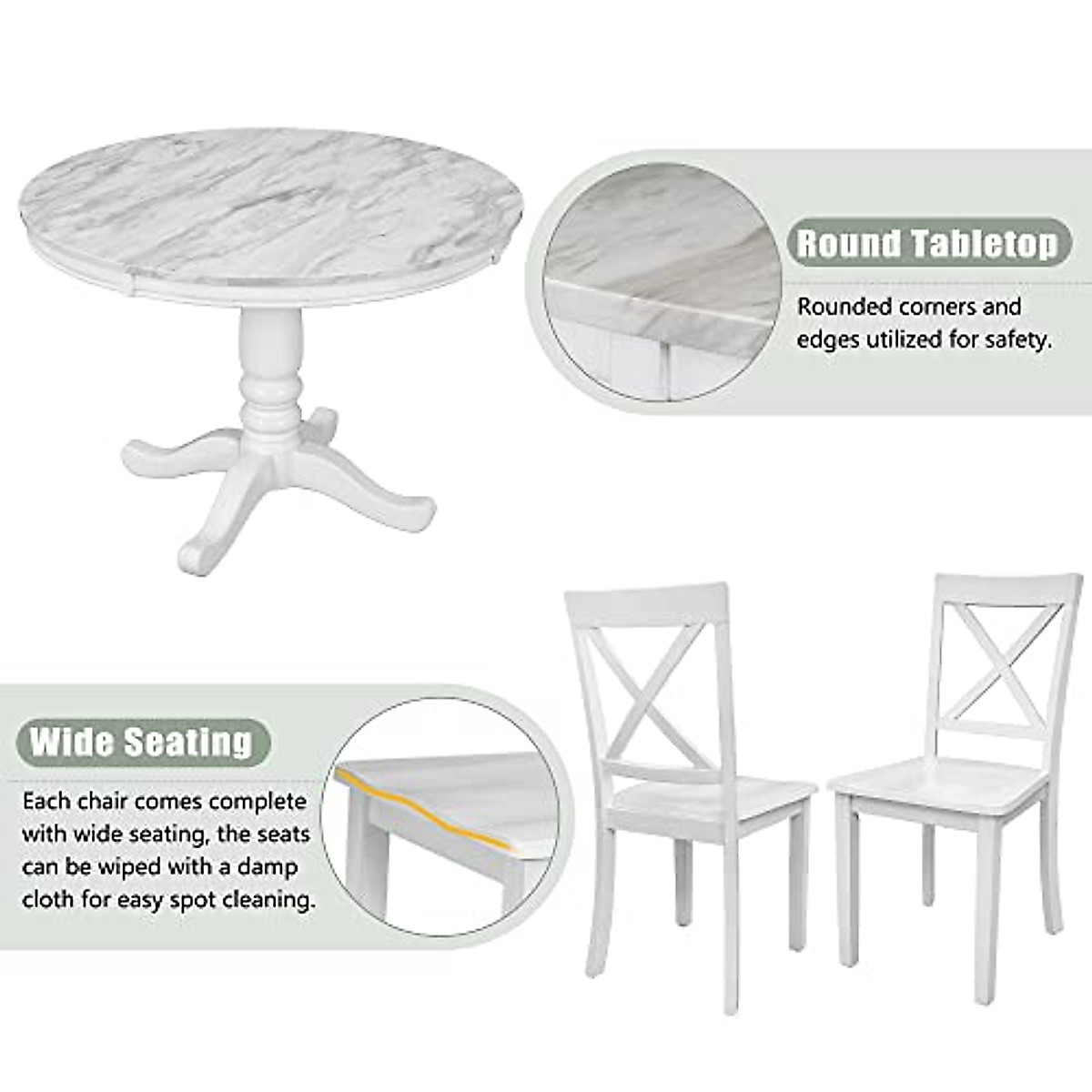Dinehome 5-Piece Kitchen Room Solid Wood Round Dining Table and Chairs Set for 4, White