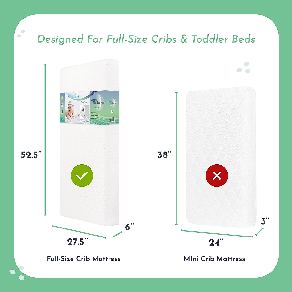 Evolur Comfort Balance Plus Supreme 260 Coil Inner Spring Crib & Toddler Mattress, Waterproof, Green Guard Gold Certified, Removable Cover, White, Crib