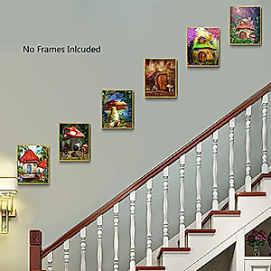 Cartoon Mushroom Posters Fungus Wall Art, Fairy Tale Themed Red Mushroom House Plant Forest Art Prints, Mushroom Posters for Children's Room Bedroom Kindergarten Decor，Set of 6-(8"x10" Unframed)