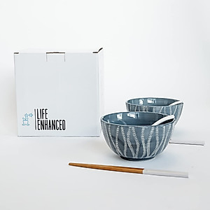 Ramen Bowl Set, Hand Painted, comes with 2 Ramen Bowls 2 Spoons and 2 Chopsticks, Ramen Bowl with Chopsticks, Pho Bowl, Noodle Bowl, Soup Bowl