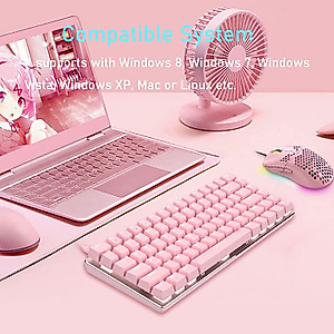 FELICON Pink Mechaincal Gaming Keyboard and Mouse Pad Combo Blue Switches USB Wired White Backlit Compact 82 Keys Anti-ghosting,Compatible with Windows PC Laptop Mac Game Office
